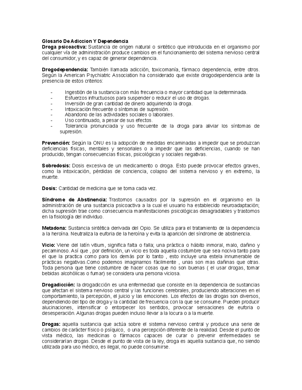 Glosario de Términos sobre Adicción y Dependencia en Drogas - Studocu
