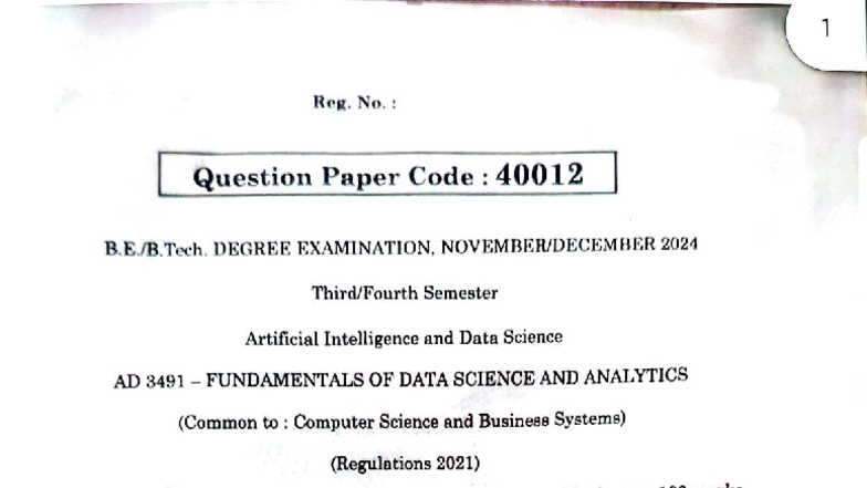 AD3491 Fundamentals of Data Science Exam Paper - Nov-Dec 2024 - Studocu