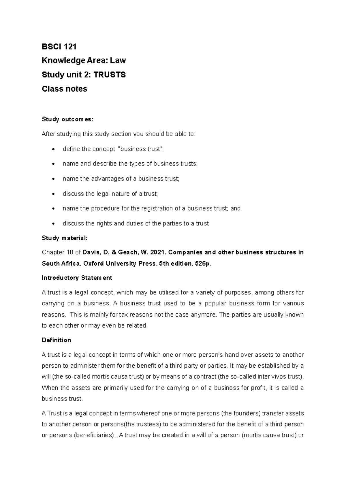 BSCI 121 Unit 2 Class Notes: Understanding Trusts in Law - Studocu