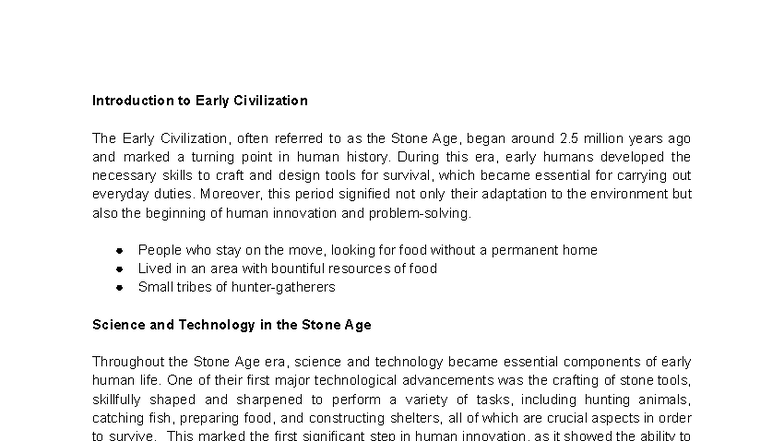 Early Civilization: Insights into the Stone Age Era - Studocu