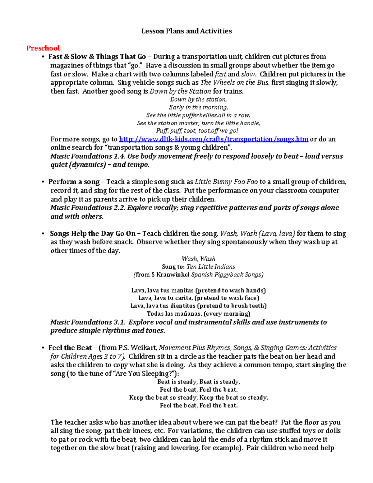 Lesson Plans & Activities for Preschool Music Foundations - Studocu