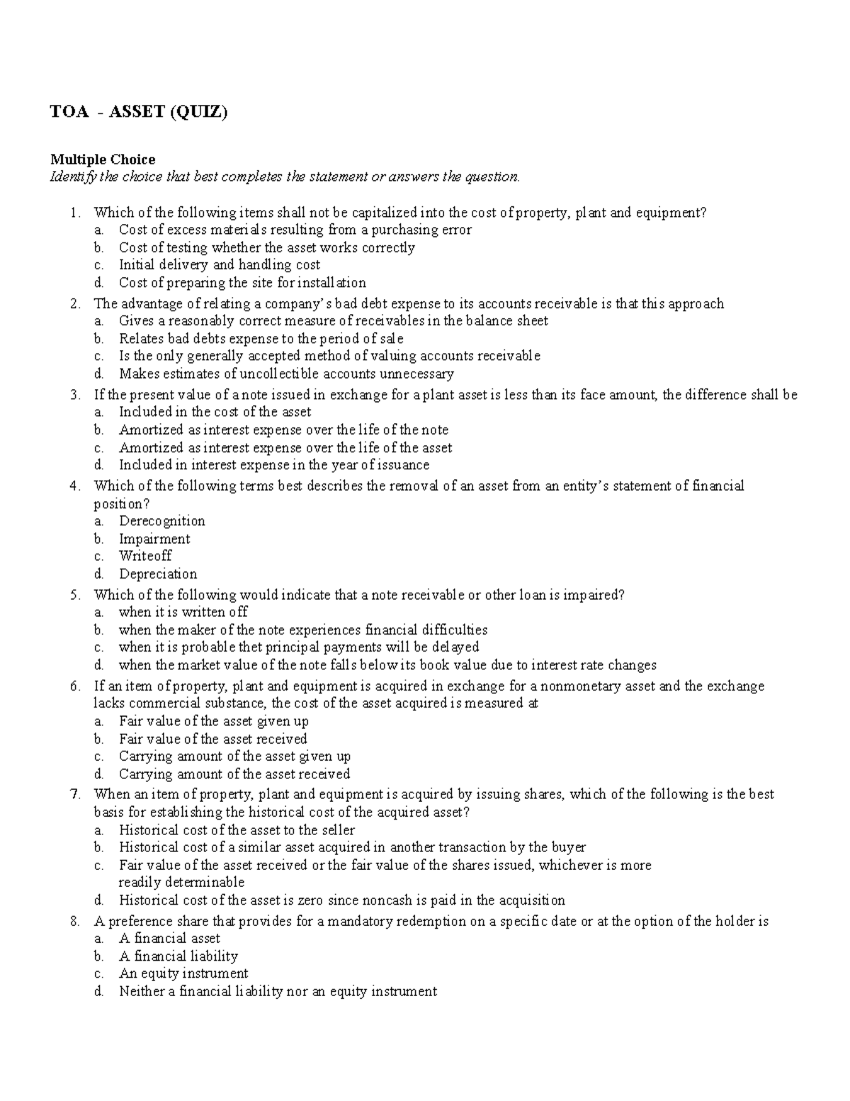 TOA ASSET (QUIZ) Multiple Choice Questions and Answers - Studocu