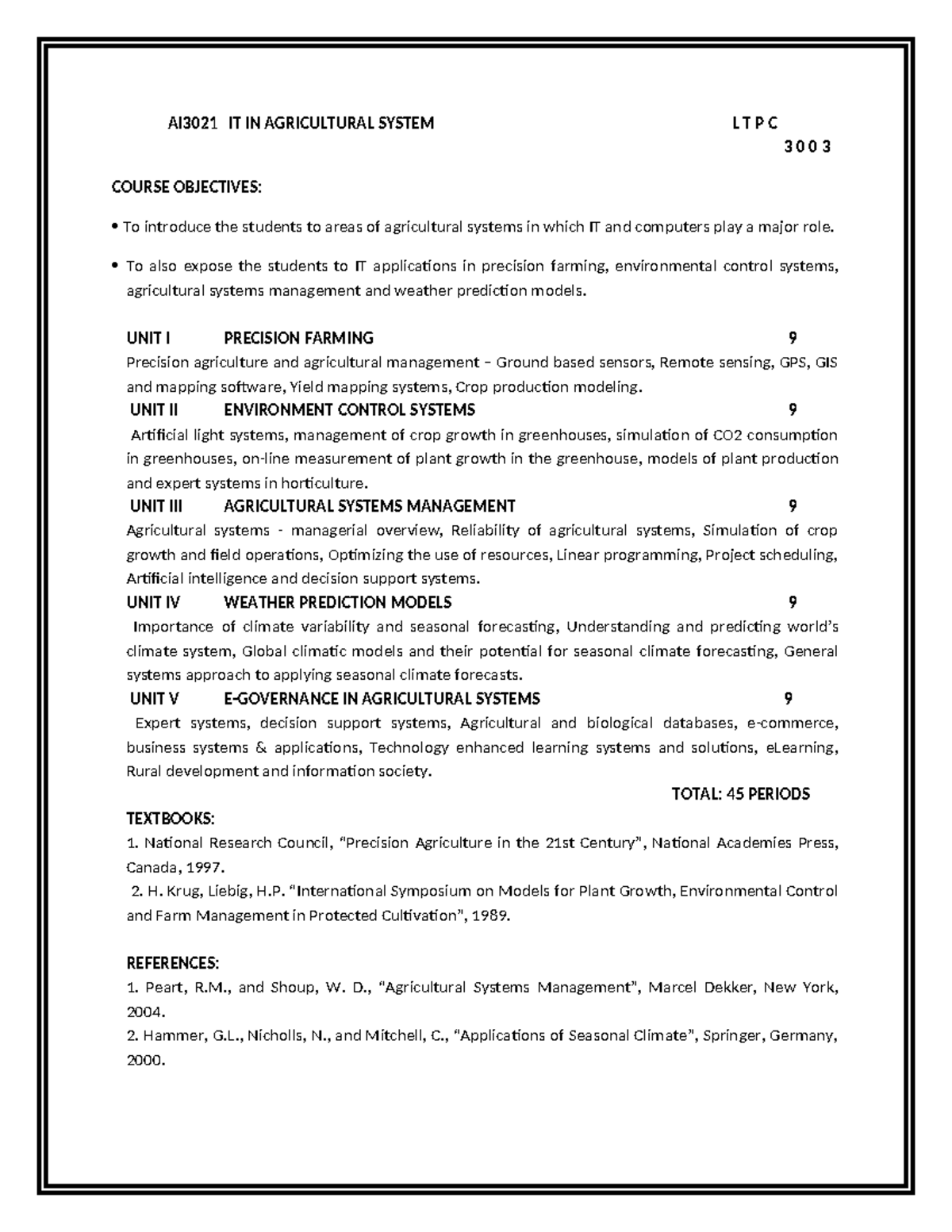 AI3021 IT in Agricultural Systems Course Syllabus Overview - Studocu