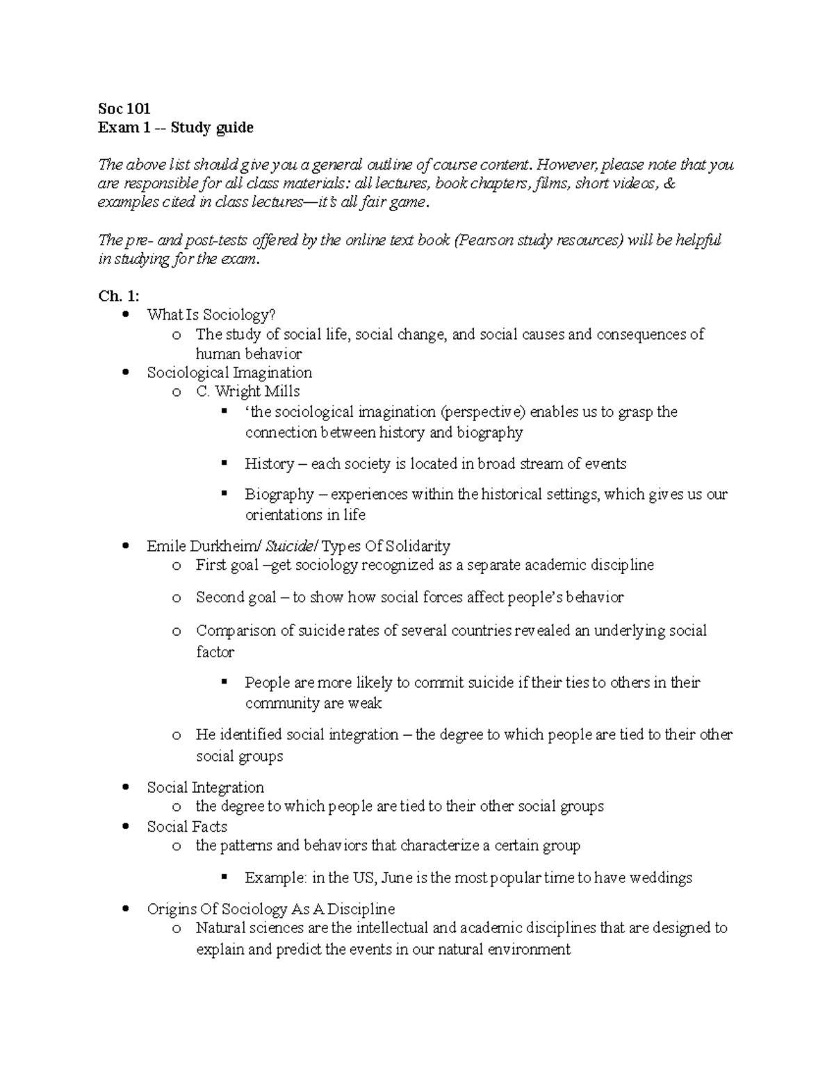 Study Guide 1 - Introduction To Sociology - Soc 101 Exam 1 - Study ...
