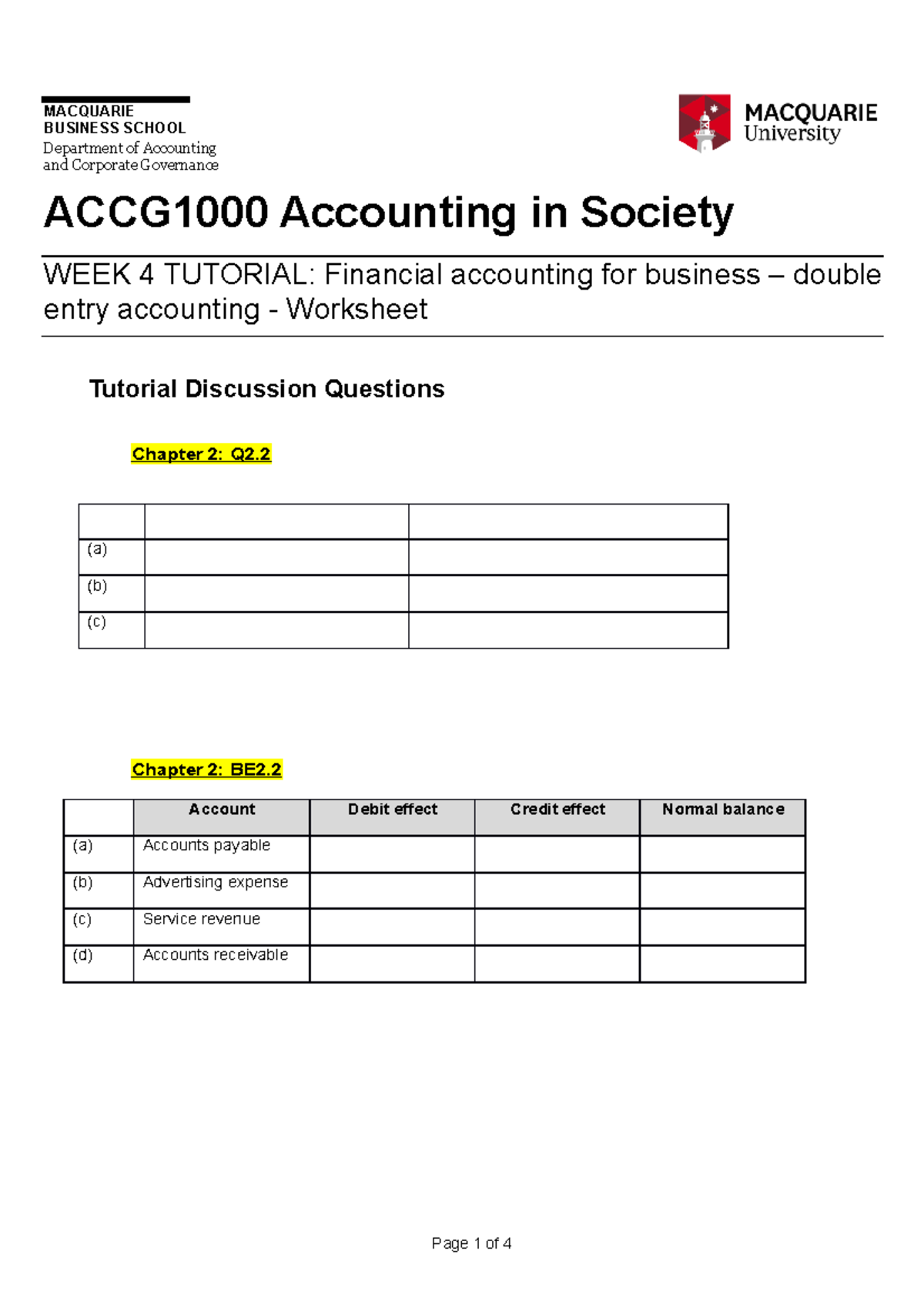 Week 4 Tutorial Workbook - MACQUARIE BUSINESS SCHOOL Department of ...