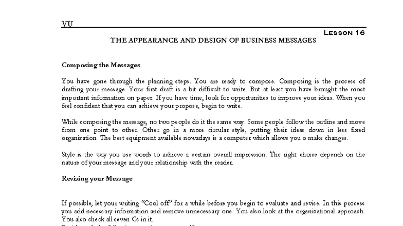 VU Lesson 16: Composing and Designing Business Messages - Studocu