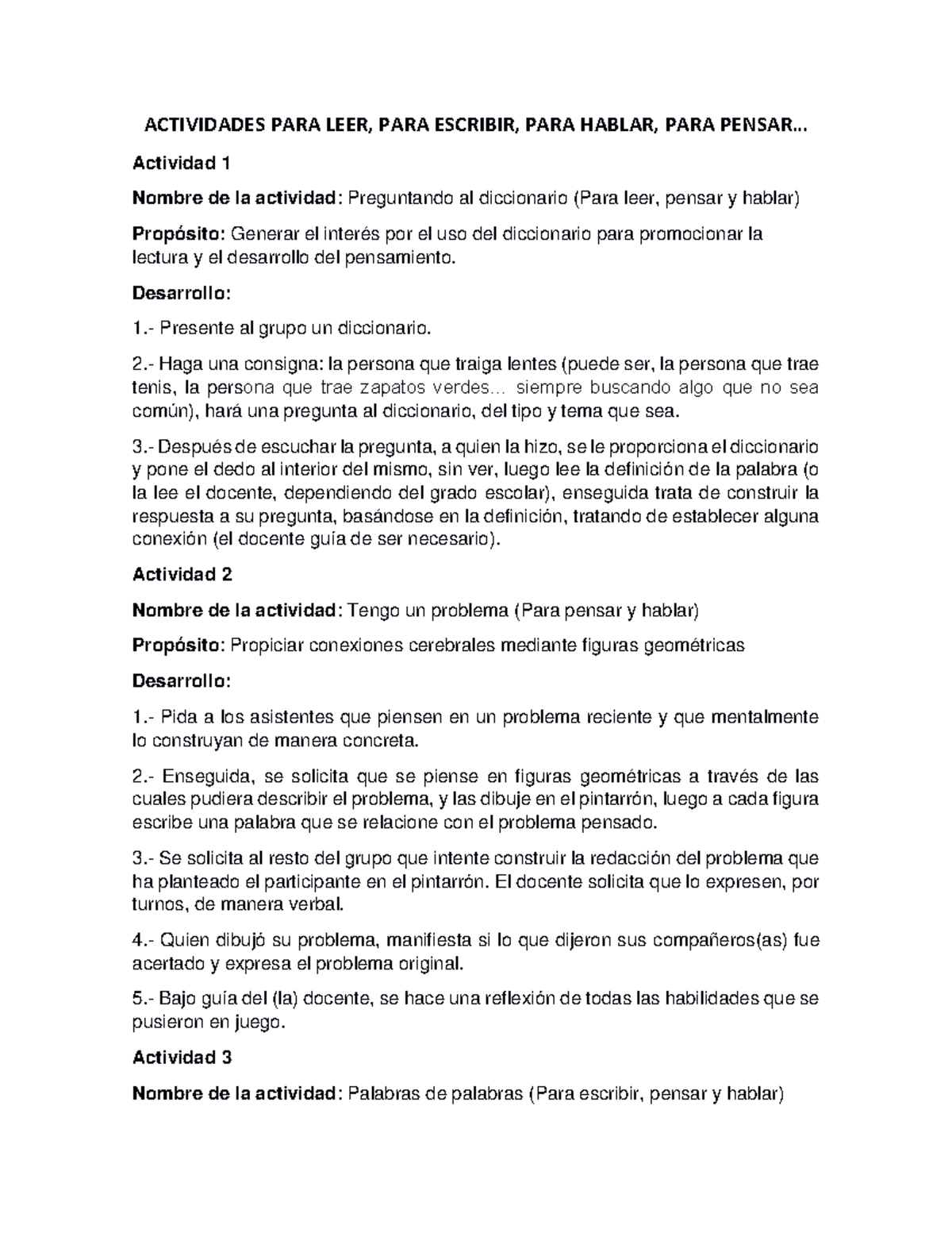 Actividades para Leer, Escribir, Pensar y Hablar - Estrategias ...