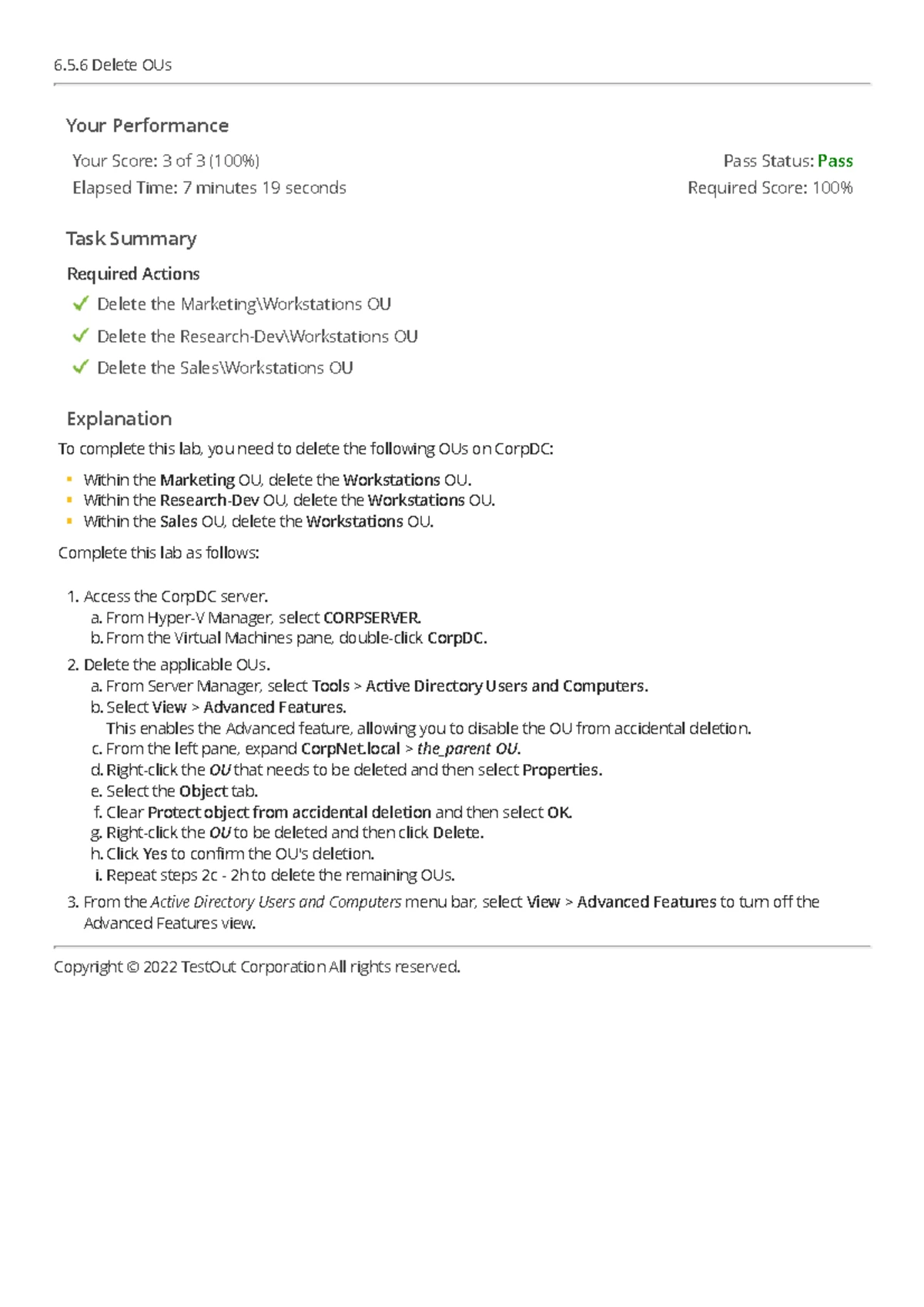6.5.5 Create OUs - Pass Status: Pass Required Score: 100% 6.5 Create ...