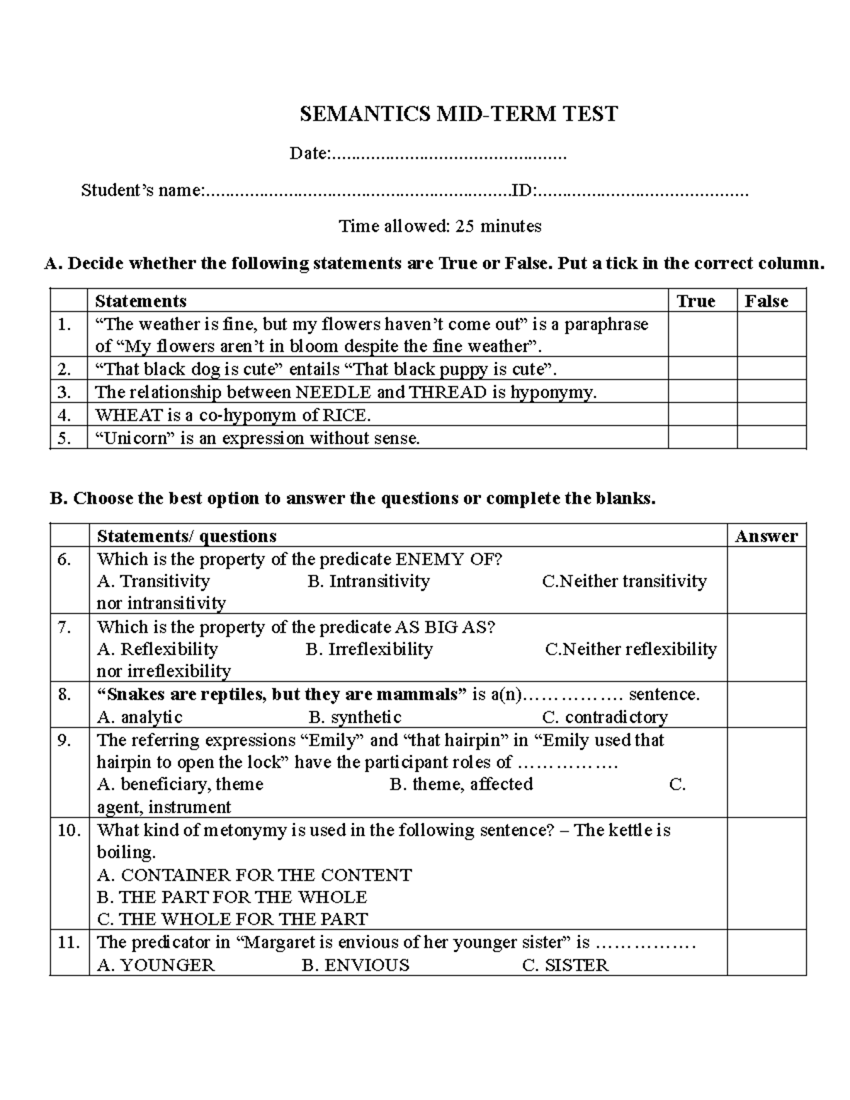 SEMANTICS TEST (Course Code: SEM101) - Practice Questions and Answers ...