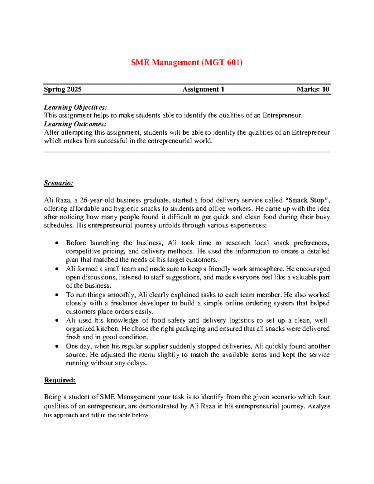 SME Management (MGT 601) Spring 2025 Assignment 1: Entrepreneur Qualities - Studocu