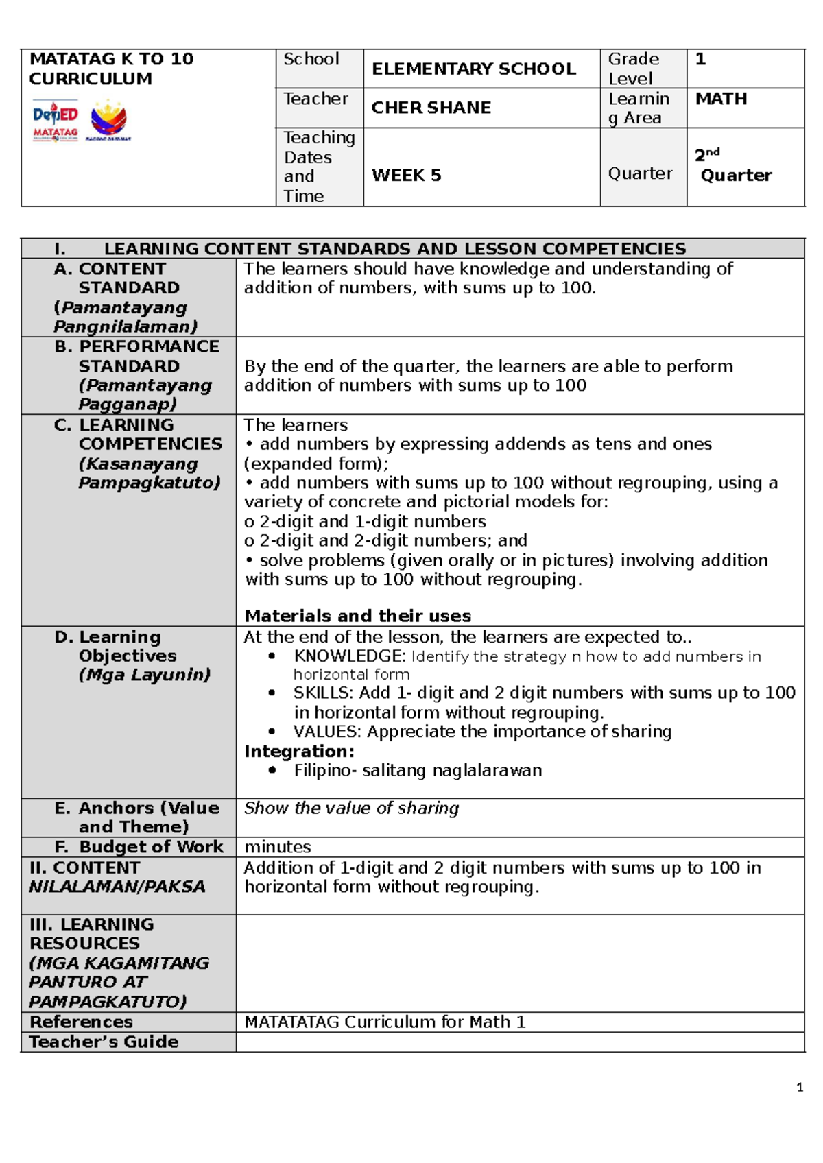 MATH 053321 Lesson Plan: Week 5 - Addition of Numbers Up to 100 - Studocu