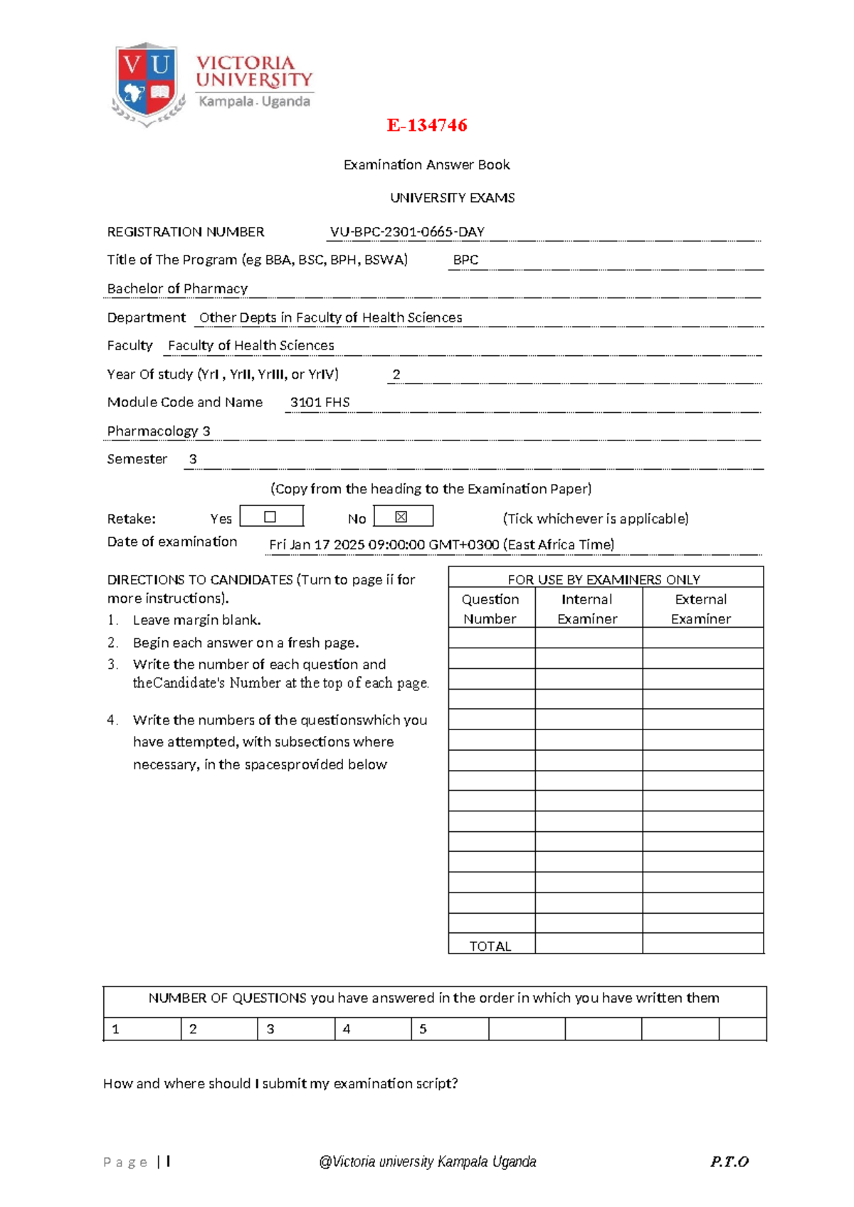 VU BPC 2301 0665 DAY n4gmcr7ye3 - Examination Answer Book UNIVERSITY ...