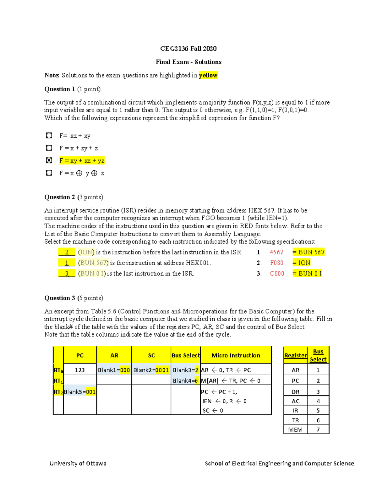 CEG2136 F2020Fin Exam Sol 1 - CEG2136 Fall 2020 Final Exam - Solutions Note: Solutions to the ...