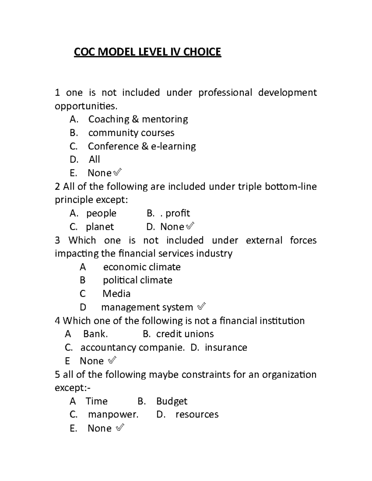 COC MODEL LEVEL IV FINAL EXAM: Financial Principles & Accounting ...