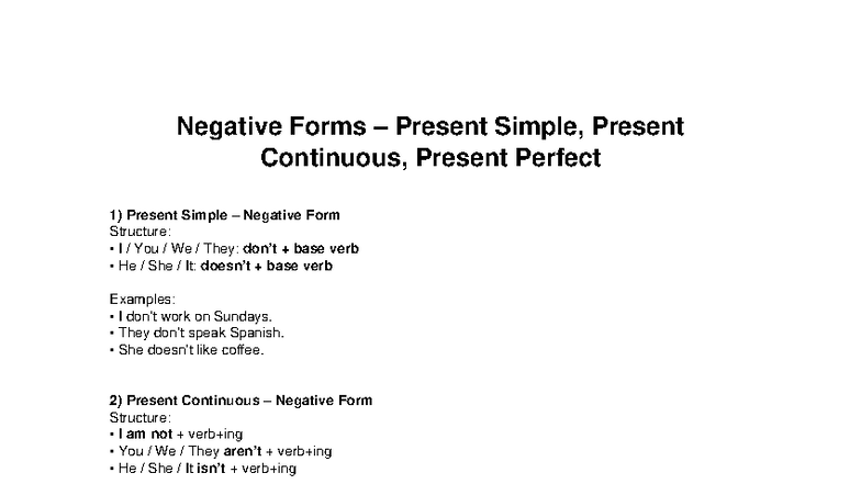 Negative Forms in English Tenses: Present Simple, Continuous, Perfect ...