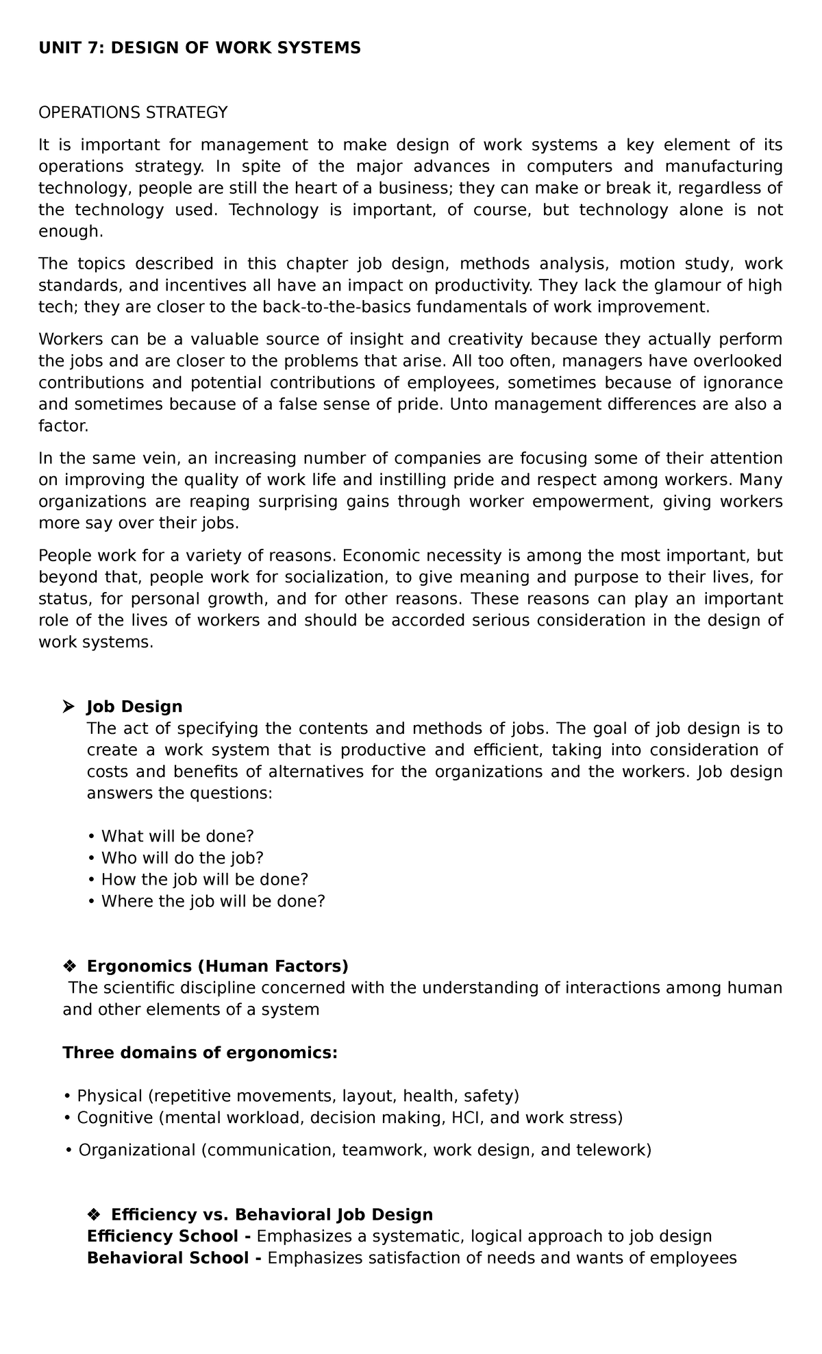 Design of Work Systems - Operations Strategy Insights (MGT-302) - Studocu