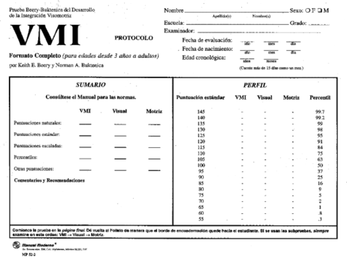 VMI Evaluación de Integración Visomotriz - Protocolo Completo - Studocu