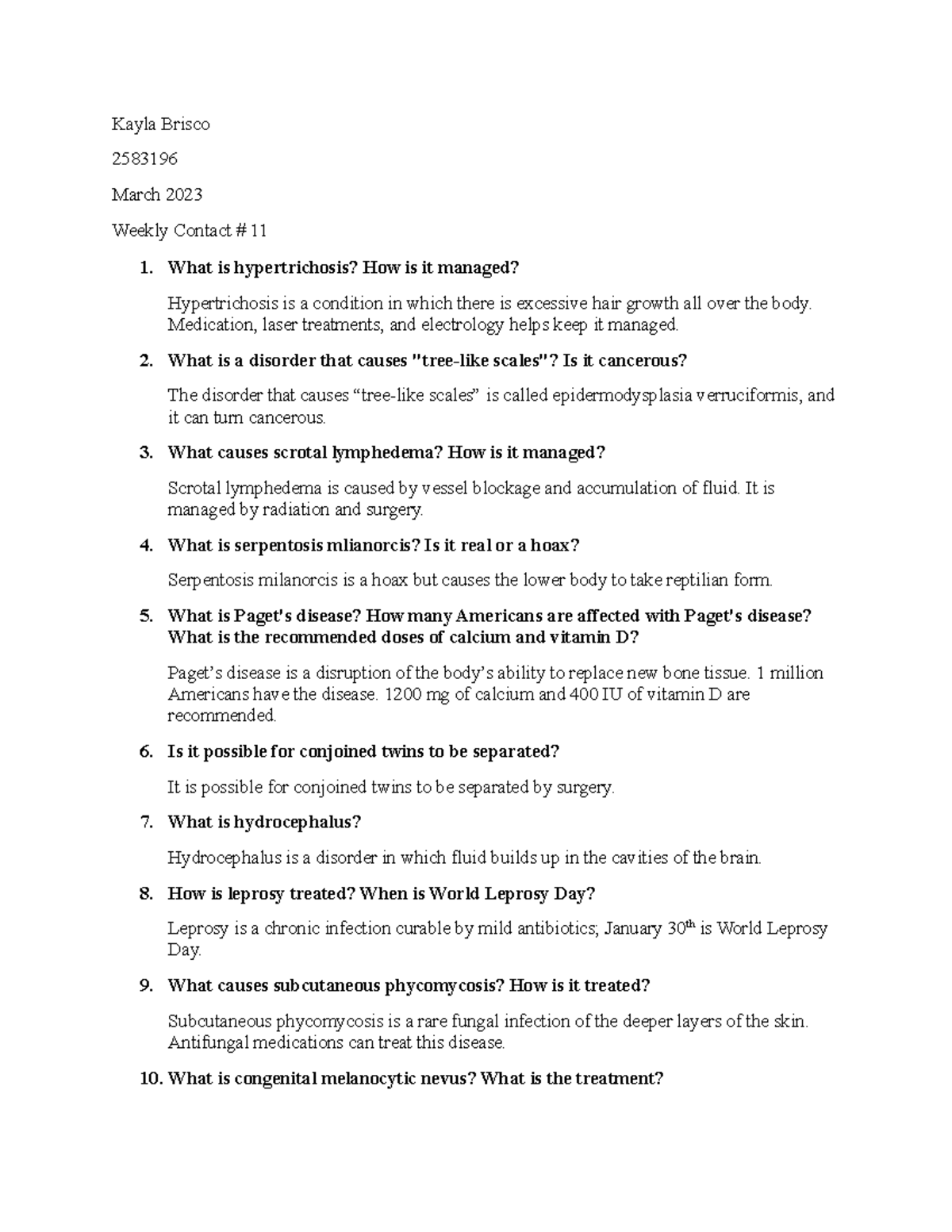 Weekly contact 11 - Kayla Brisco 2583196 March 2023 Weekly Contact # 11 ...