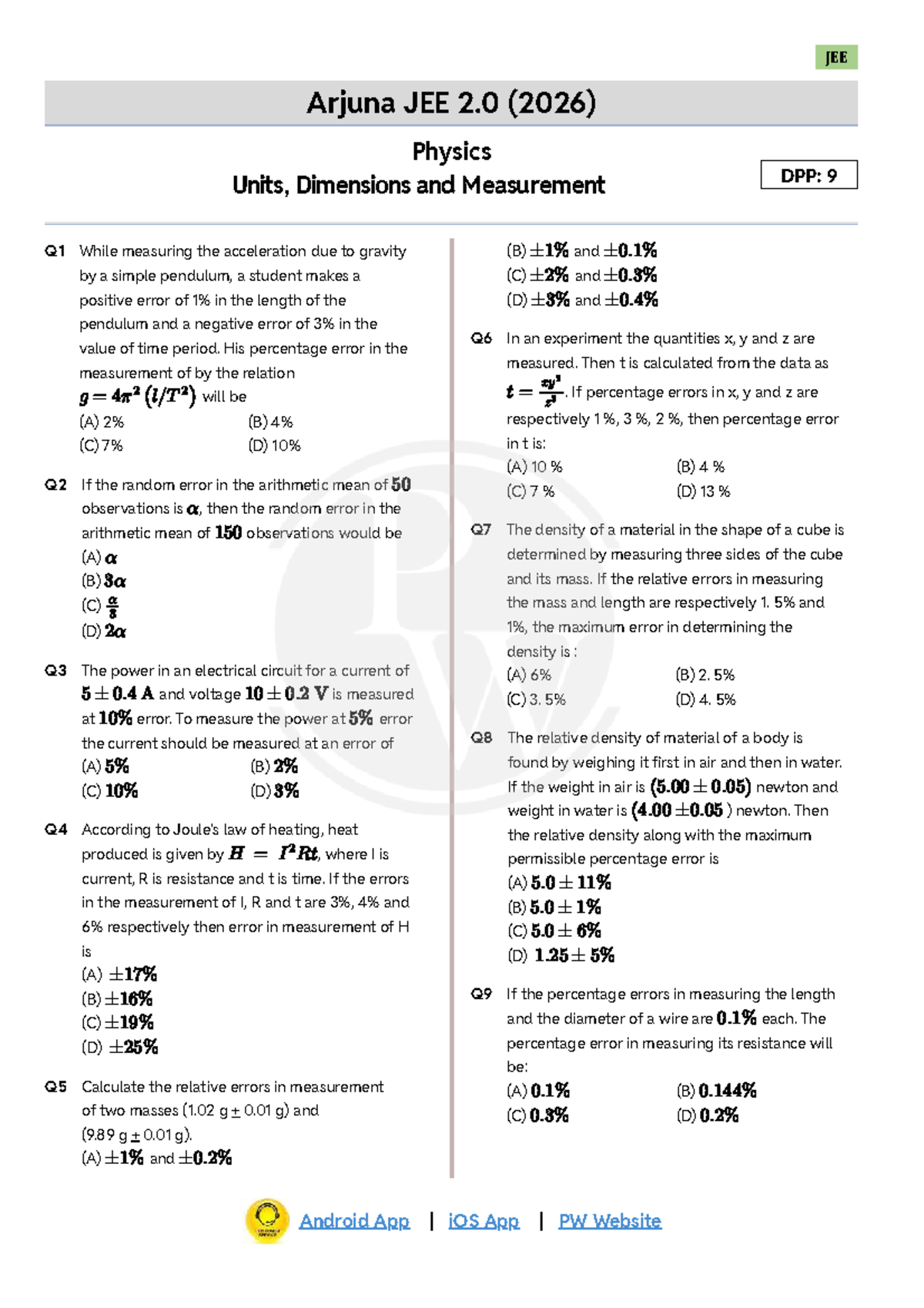 JEE 2.0 (2026) Physics Units, Dimensions & Measurement Practice Qs ...