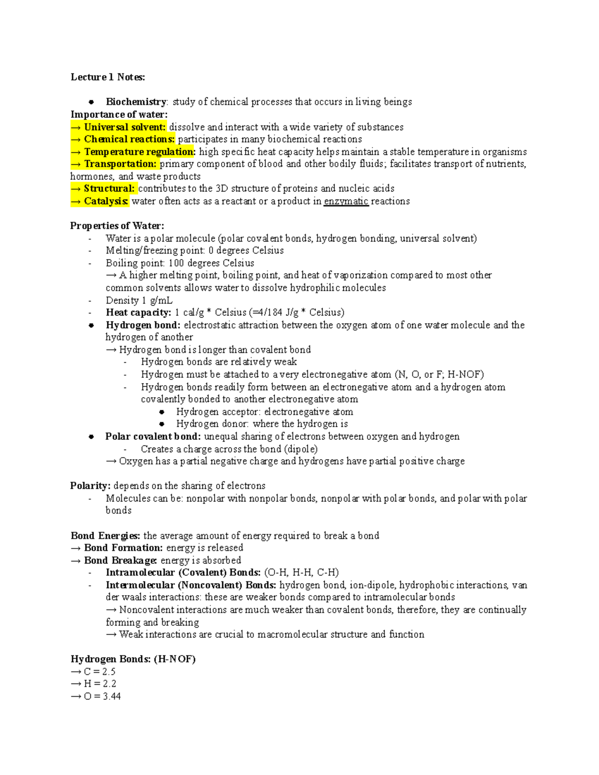 Biochemistry Lecture Notes: Water, pH, Amino Acids, and Proteins - Studocu