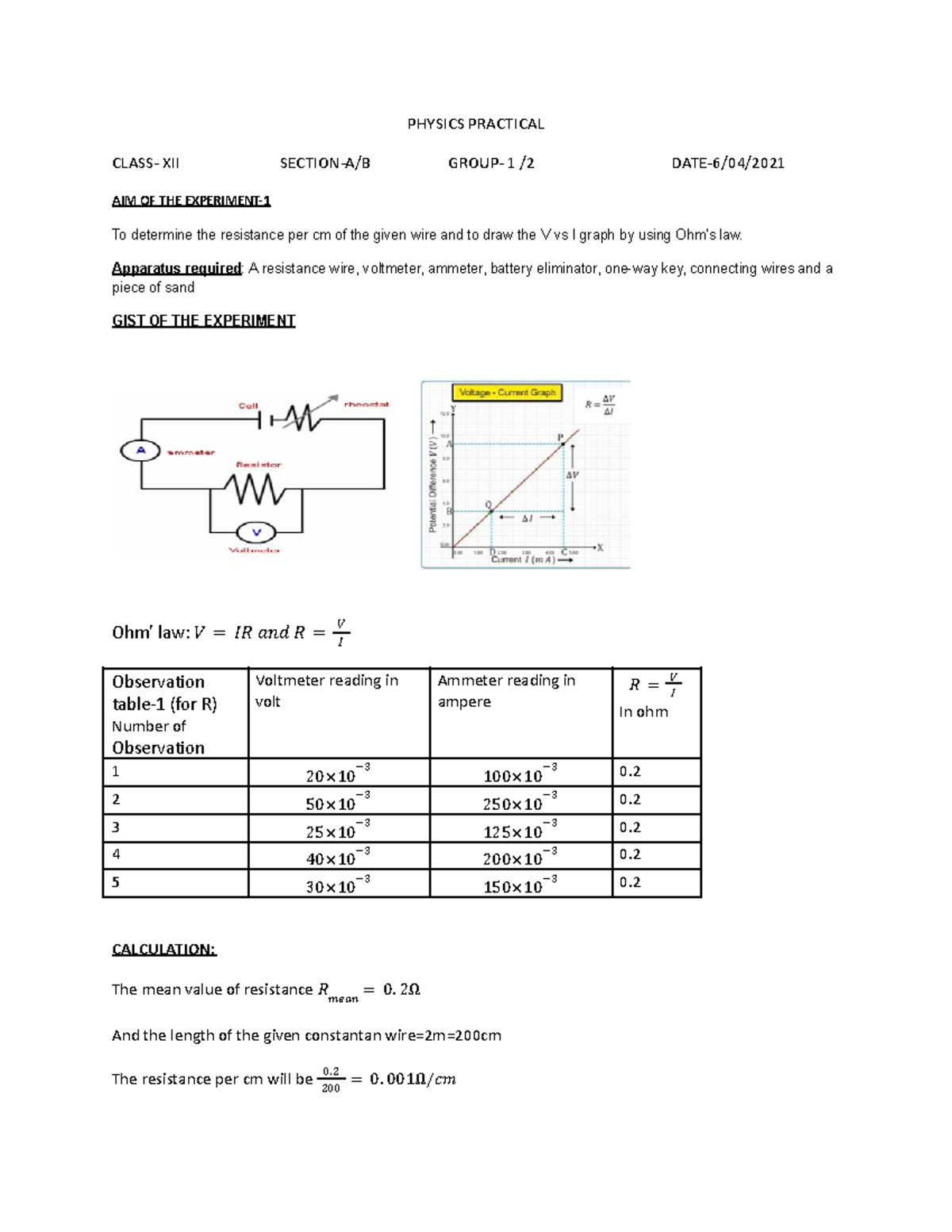 PHYSICS PRACTICAL 1: Resistance, Resistivity & Focal Length Experiments ...