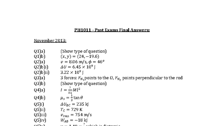 PH1011 Final Exam Past Answers Compilation: Nov 2013-2024 - Studocu