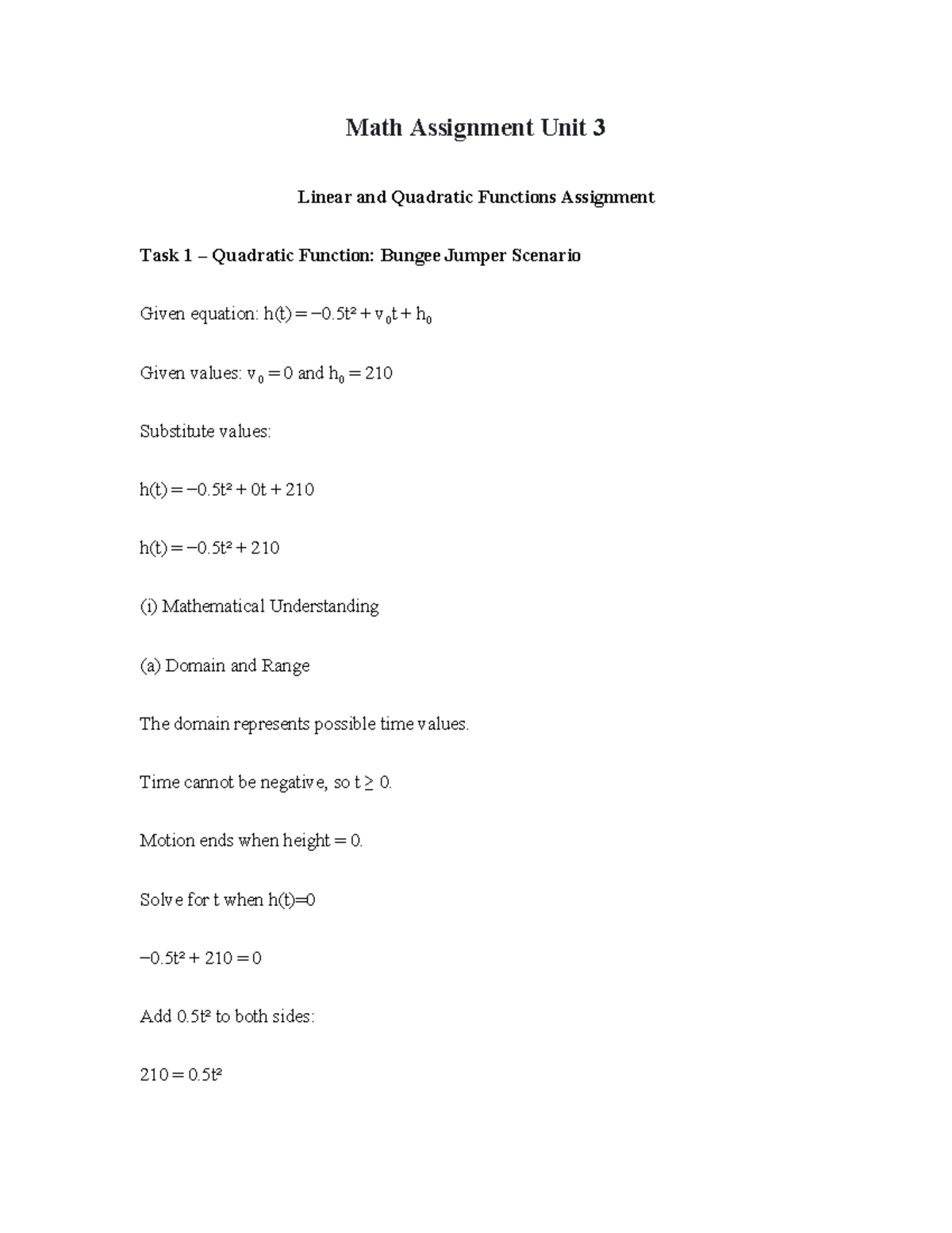 Math Assignment Unit 3: Linear & Quadratic Functions Analysis - Studocu