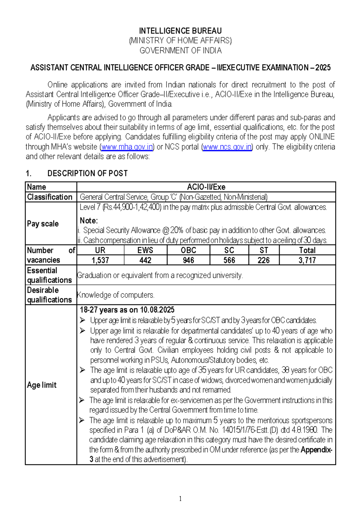 IB ACIO Grade 2 Executive Exam Notification 2025: Application Details ...