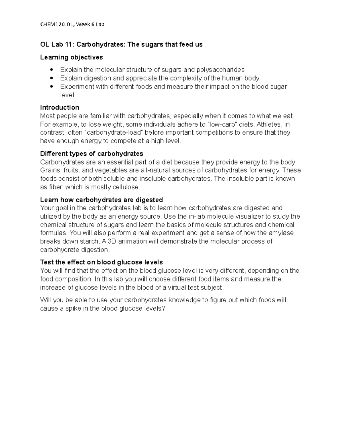 OL Lab 11: Carbohydrates and Their Impact on Blood Sugar Levels - Studocu
