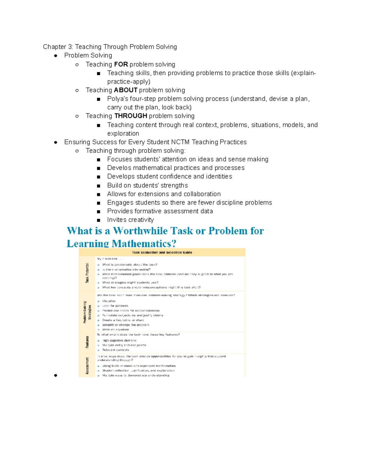 Chapter 3 & 4 Notes: Problem Solving & Planning in Math Classroom - Studocu