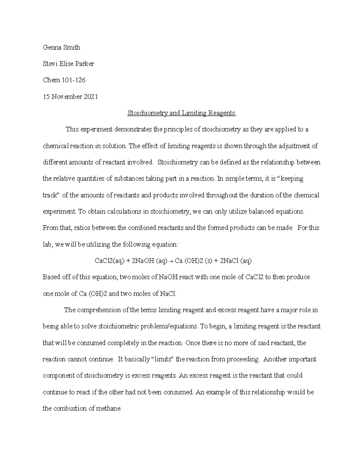 Lab #4- Stoichiometry and Limiting Reagents INTRO - Genna Smith Stevi ...