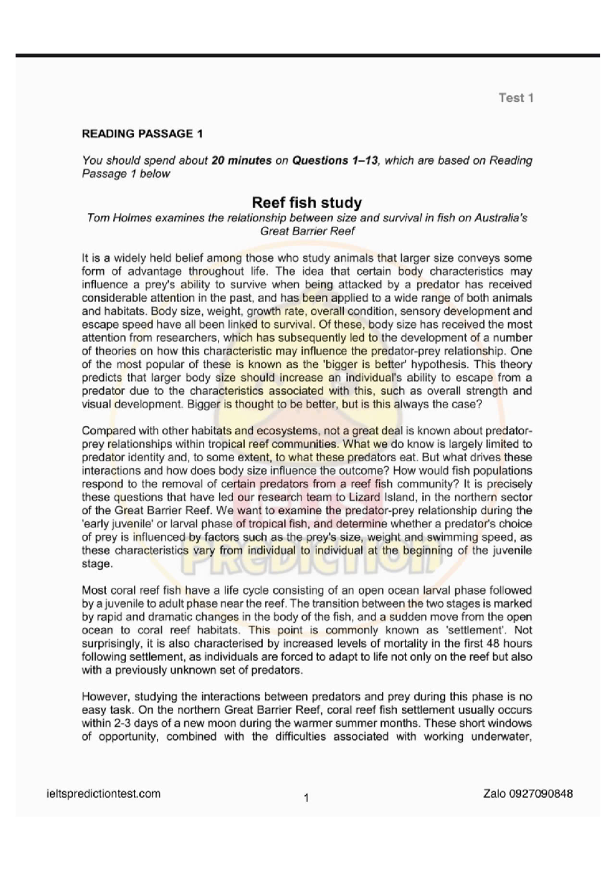 Test 1 Reading Passage 1: Size and Survival in Reef Fish - Studocu