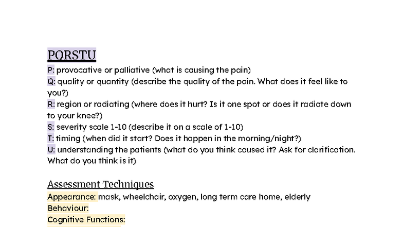 Health Assessment Notes: PQRSTU Framework for Pain Evaluation - Studocu