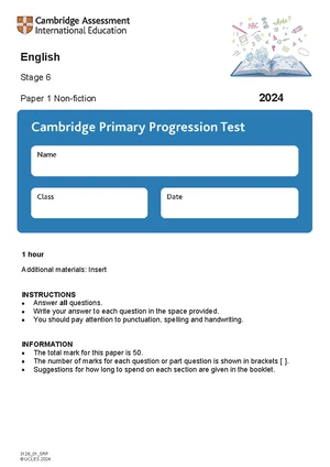 Cambridge Primary Progression Test - English 2024 Stage 6 Paper 1 - Studocu