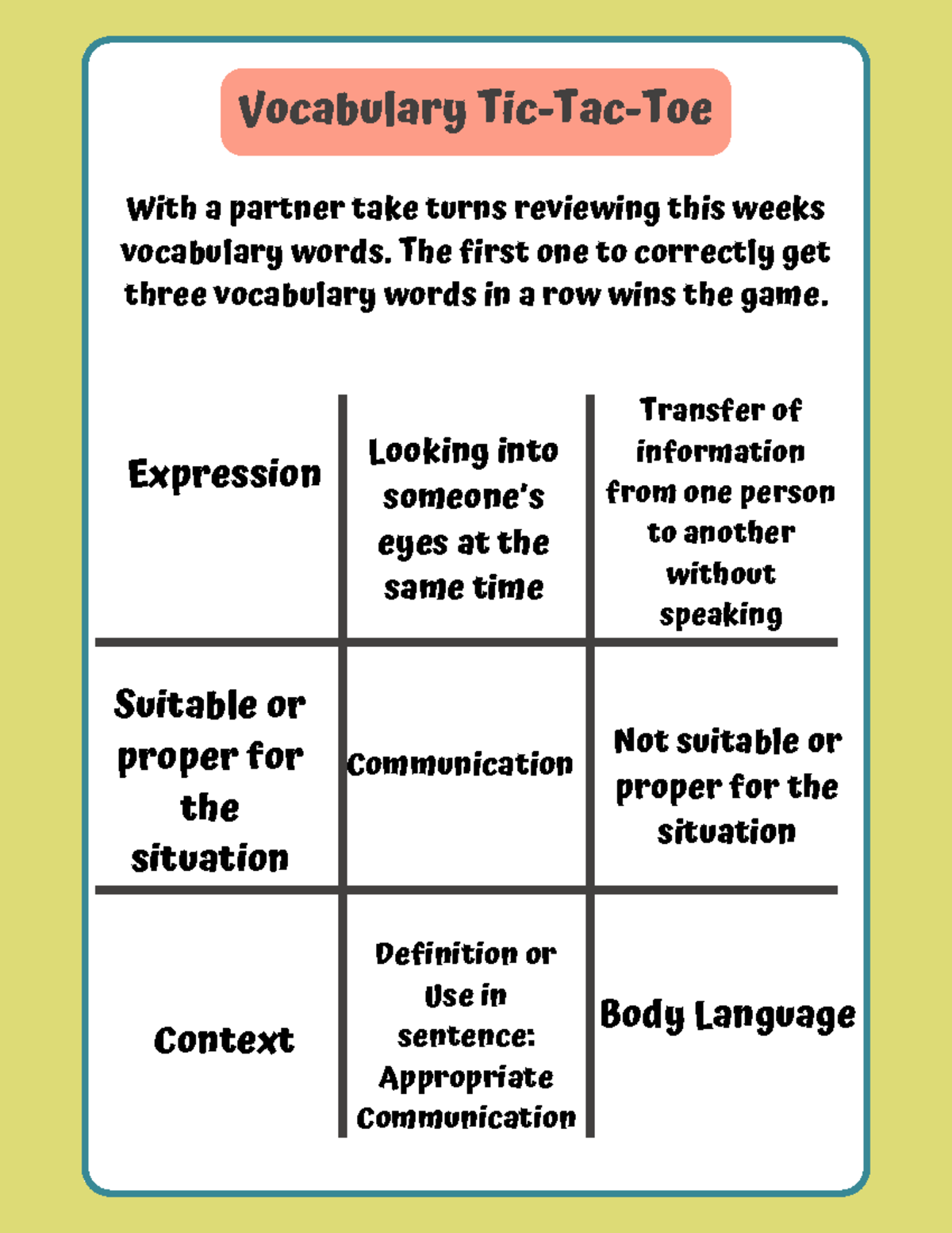 1.4 vocab game (Tic-tac-toe) - Vocabulary Tic-Tac-Toe With a partner ...
