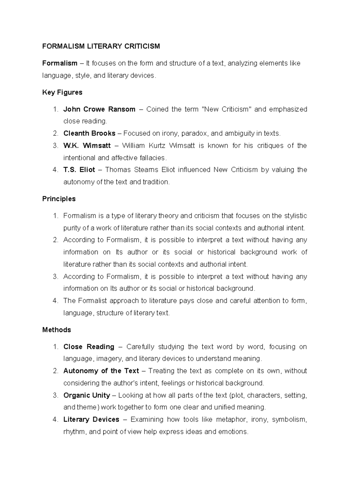 Formalism Literary Criticism: Key Concepts and Methods - Studocu