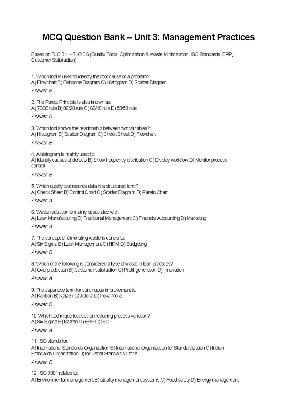 MCQ Question Bank for Unit 3: Management Practices (TLO 3.1, 3.6) - Studocu