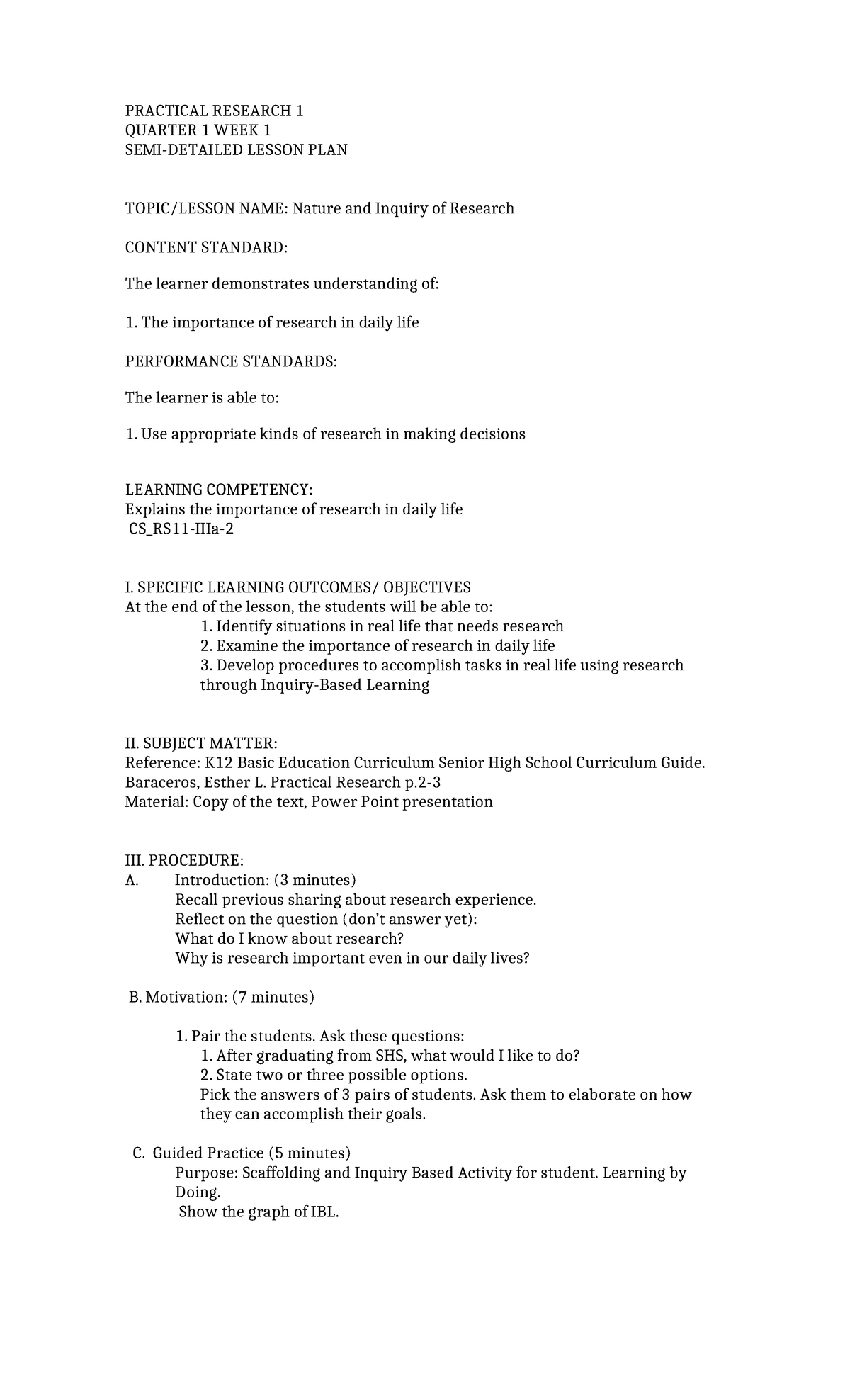 346699988 Practical Research SEmi Detailed Lesson Plan - PRACTICAL RESEARCH 1 QUARTER 1 WEEK 1 ...