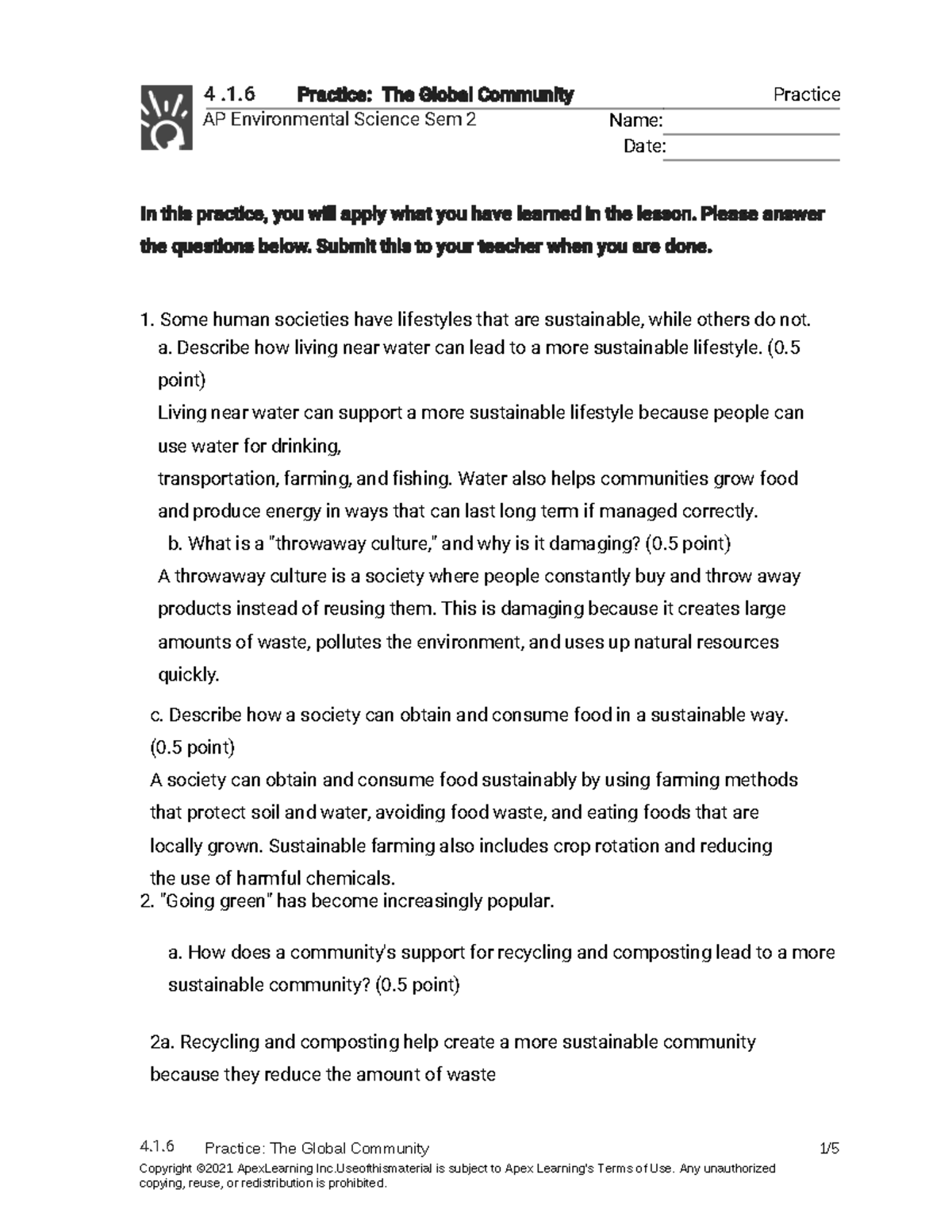4.1.6 AP Environmental Science Sem 2 Practice Answers and Insights ...