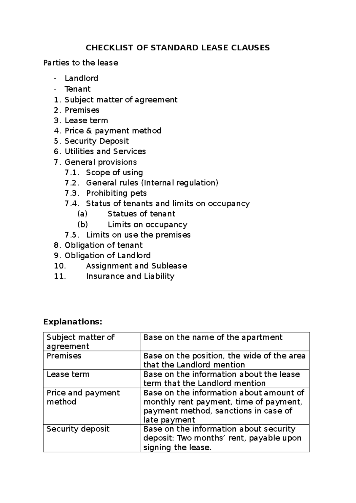 Checklist of Standard Lease Clauses - Law 101 - Studocu