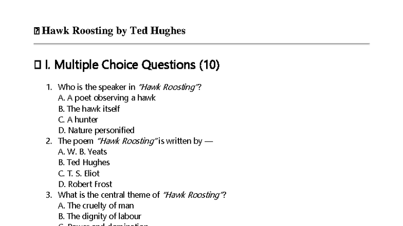 HAWK Roosting QUIZ - ...... - 🦅 Hawk Roosting by Ted Hughes 🟢 I ...
