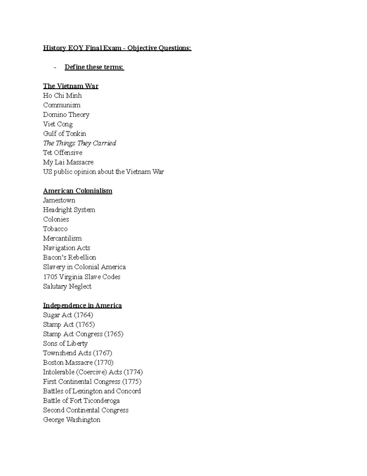 History EOY Final Exam: Key Concepts & Objective Questions Review - Studocu
