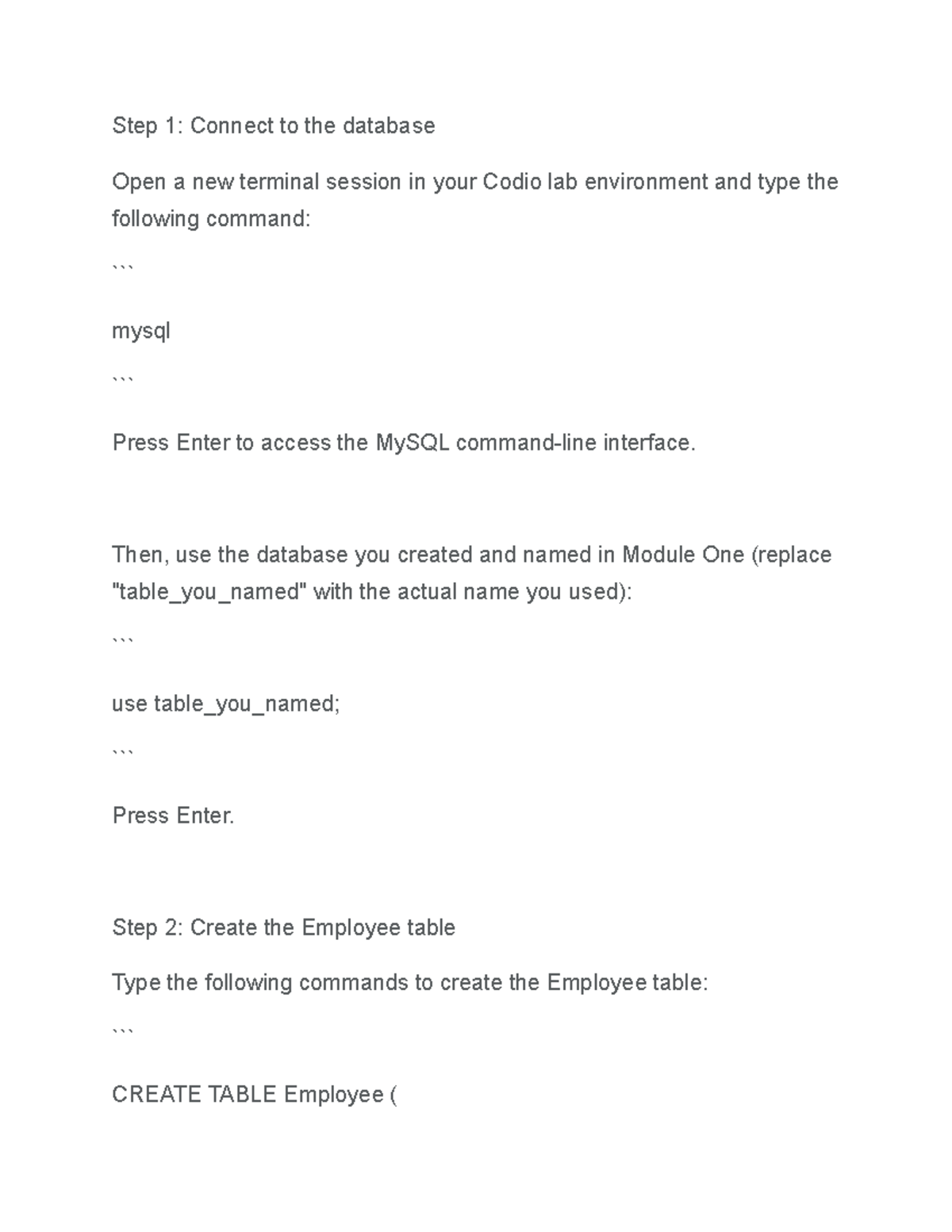 DAD 220 Module Two Lab - mod 2 - Step 1: Connect to the database Open a new terminal session in ...
