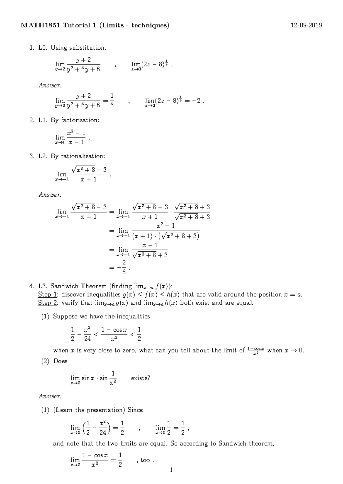 Calculus tut 1 (chapter 1) - MATH1851 Tutorial 1 (Limits - techniques ...