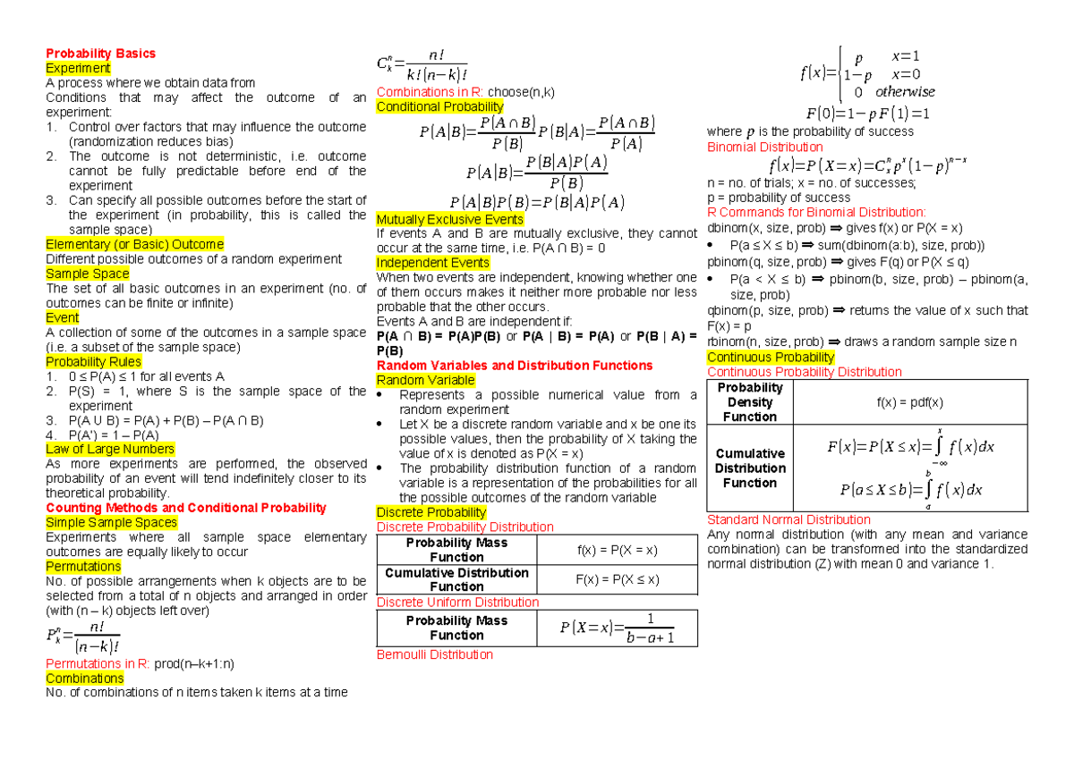 Quiz 1 Cheatsheet: Probability Basics and Key Concepts - Studocu