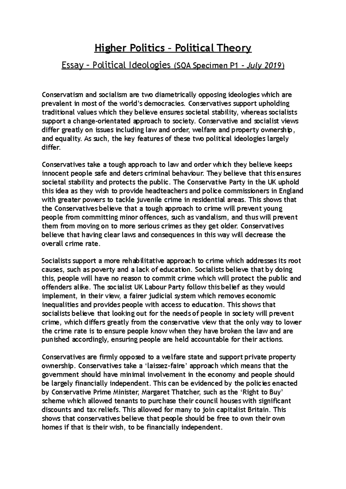 Political Theory - Political Ideologies Essay (SQA Specimen P1 - July ...