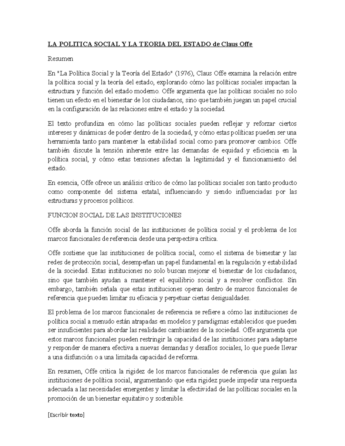 LA Politica Social Y LA Teoria DEL Estado de Claus Offe Resumen - LA ...