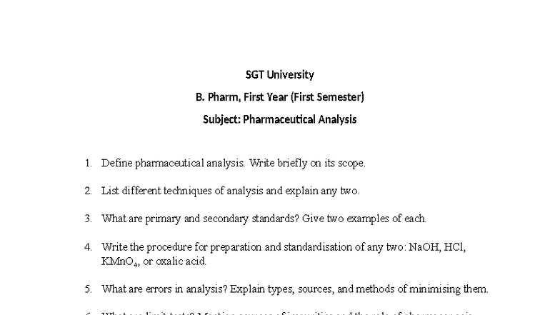 SGT University B. Pharm, First Year: Pharmaceutical Analysis Exam 1 ...