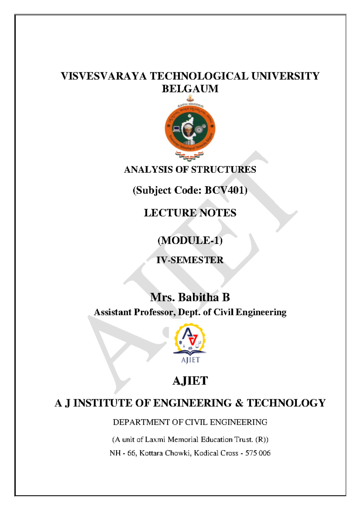 BCV401 Lecture Notes: Structural Analysis Module 1 - Plane Trusses ...