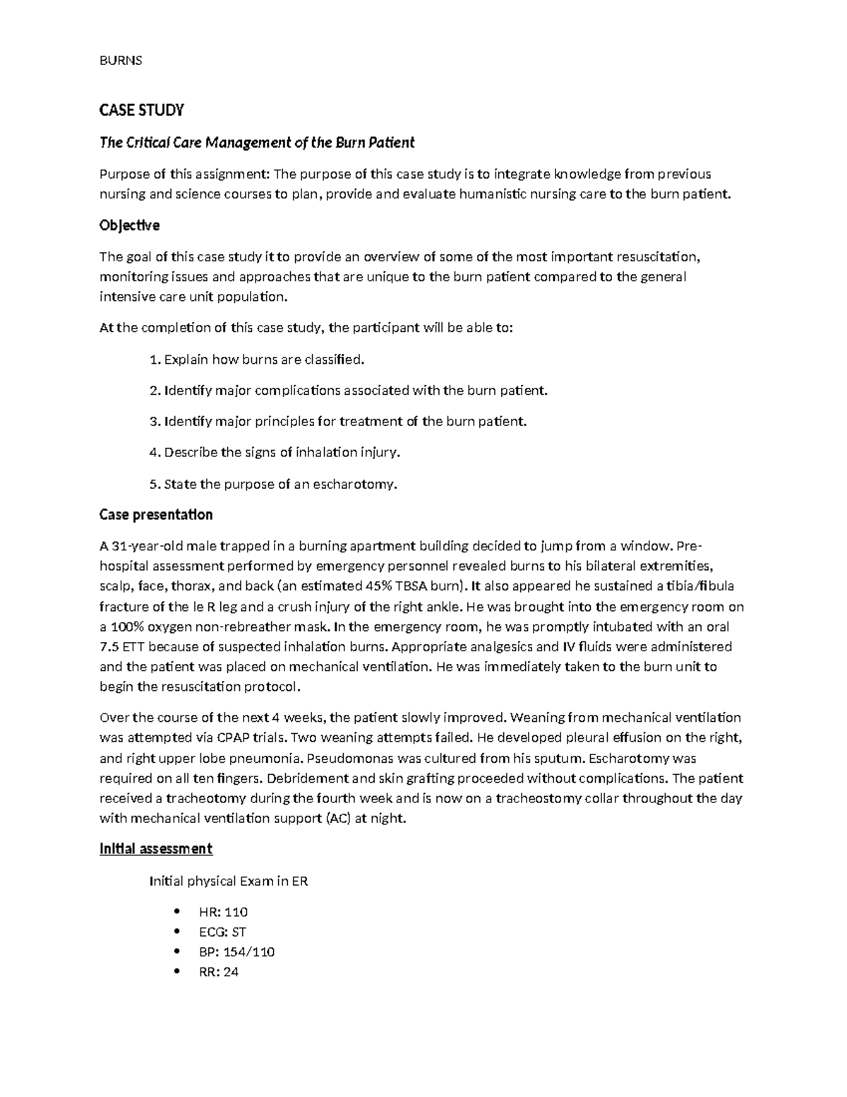 Burns Case Study - Critical Care Management Notes for Nursing 101 - Studocu